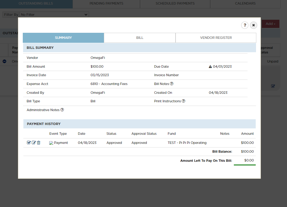How do I delete a Payment and/or Bill? – Vault