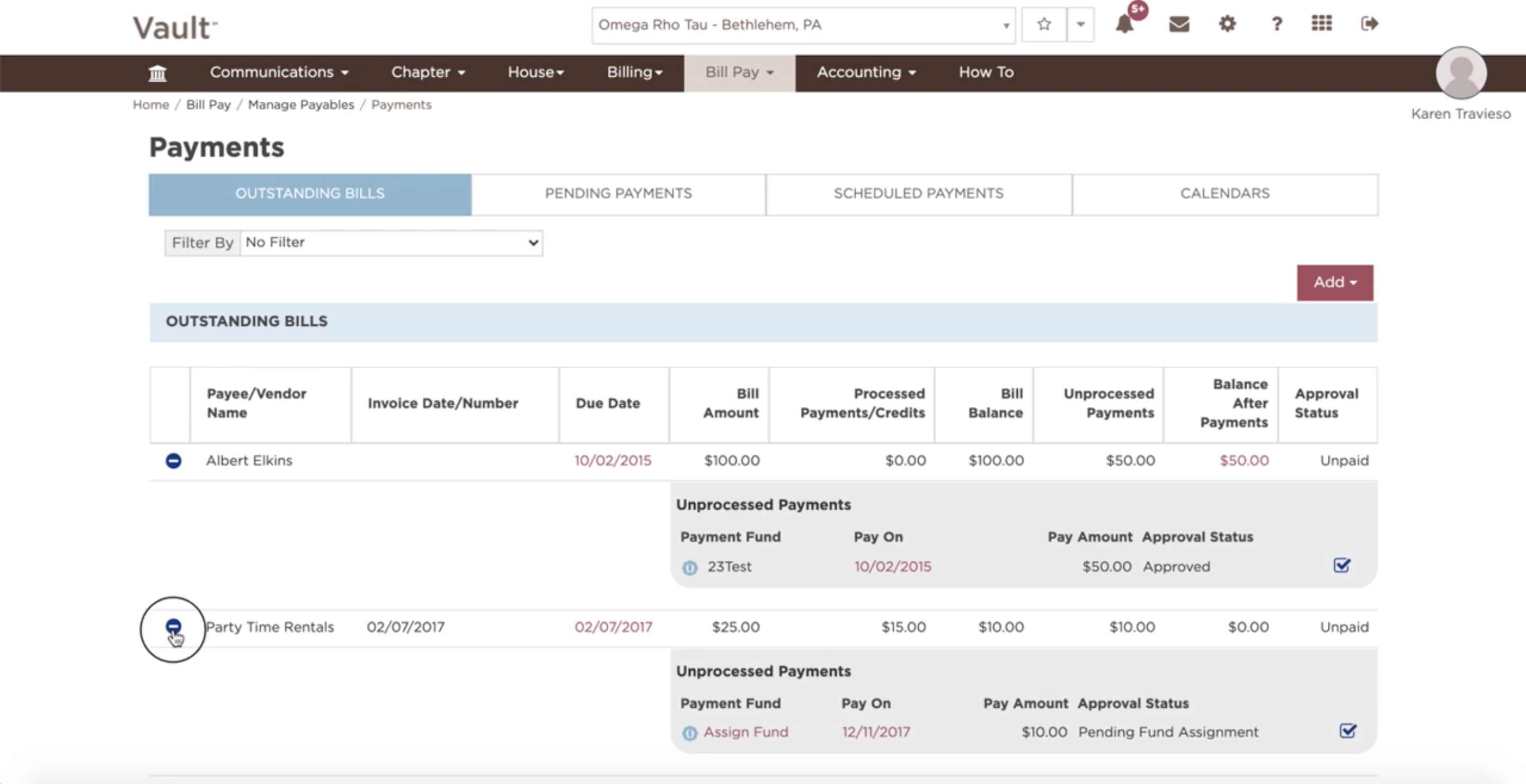 How do I view/add an Outstanding Bill? – Vault