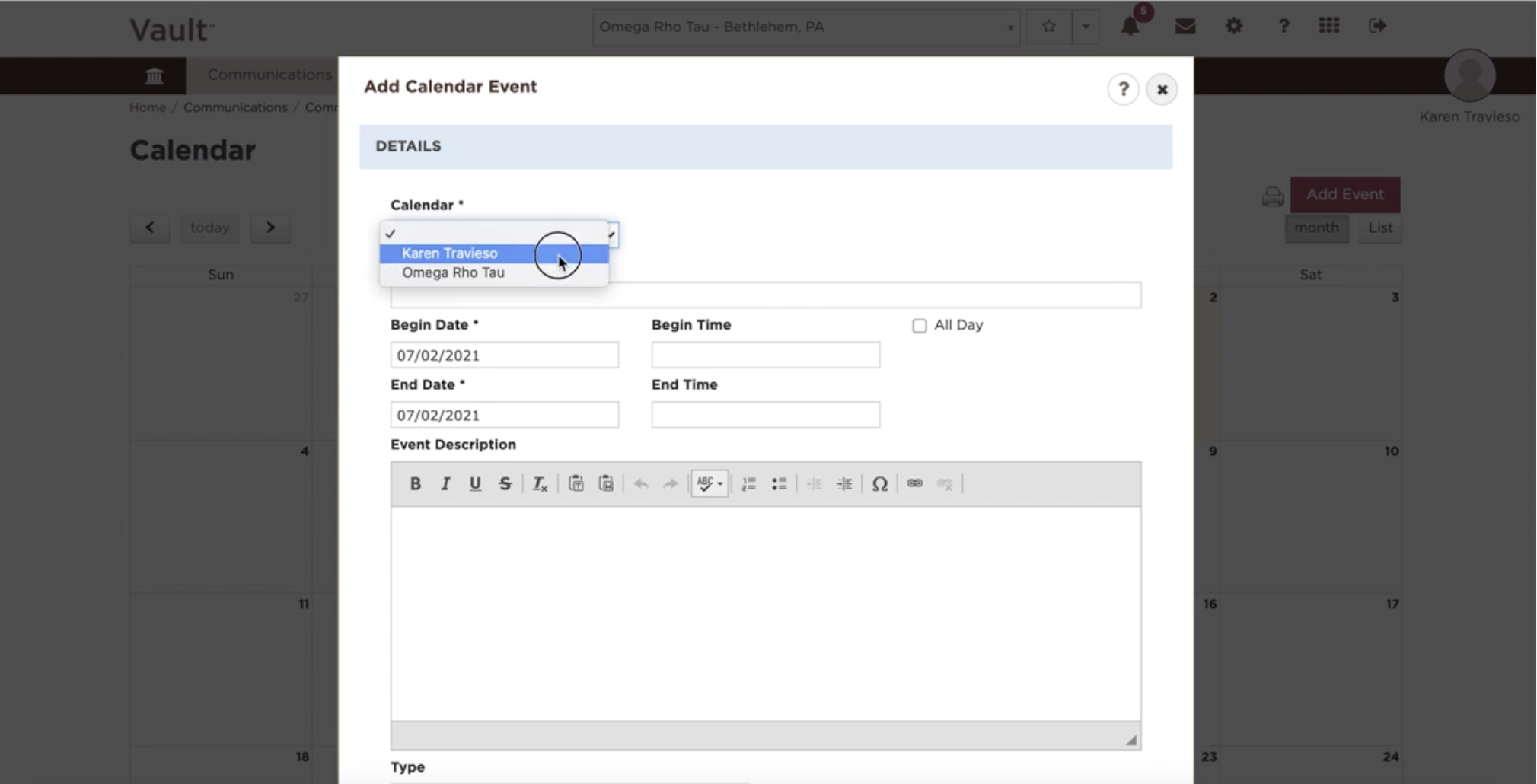 How to view and make updates to personal or chapter Calendar – Vault